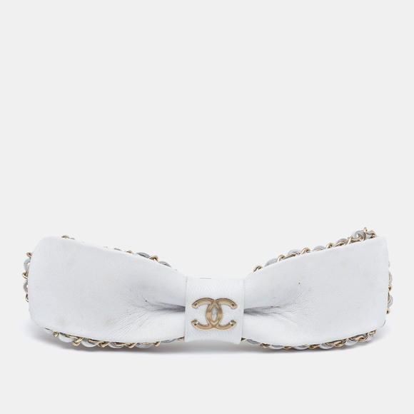 CHANEL | Accessories | Chanel White Leather Gold Tone Chain Detail Hair ...